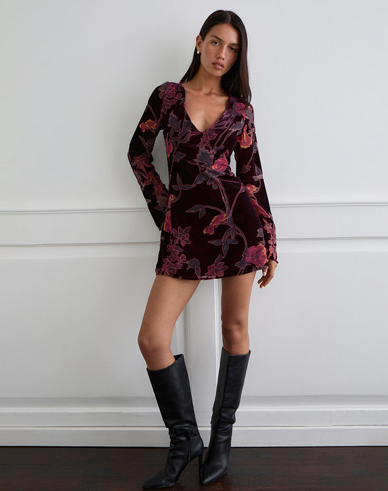 Burgundy Floral Devore Print Mini Dress | Alitra – motelrocks.com