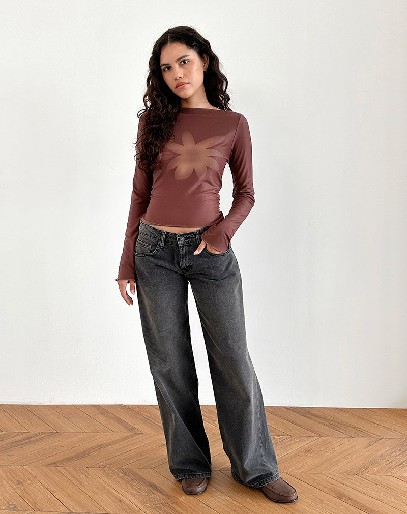 Brown Tonal Flower Mesh Long Sleeve Top | Armali – motelrocks.com