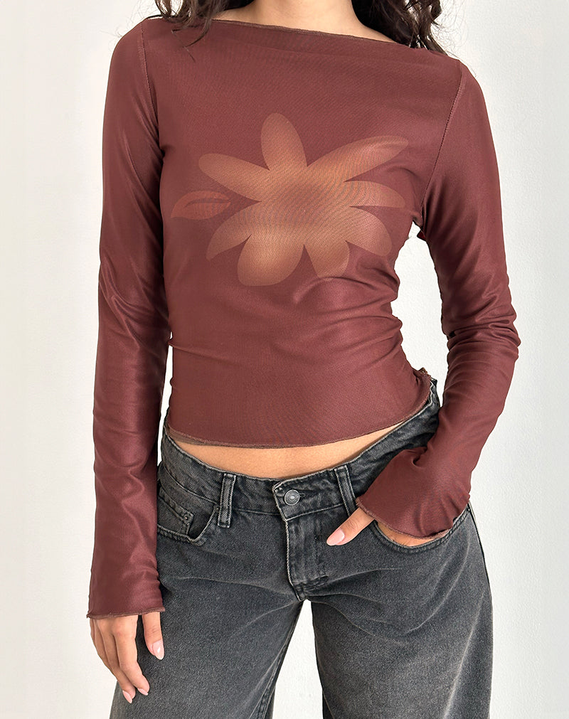 Brown Tonal Flower Mesh Long Sleeve Top | Armali – motelrocks.com