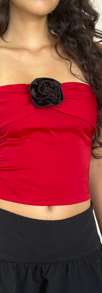 Red Satin Bandeau Top with Black Rose | Astrum – motelrocks.com