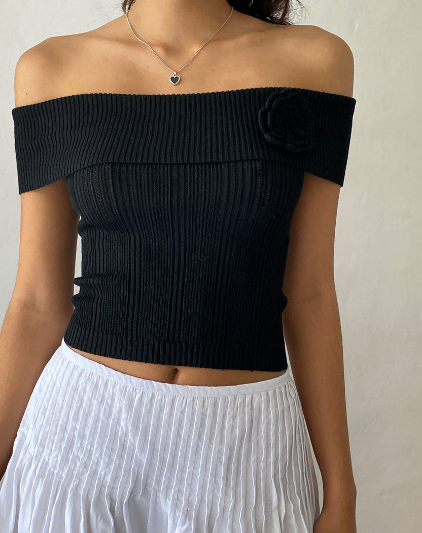 Black with Rosette Knitted Bardot Top | Brenda – motelrocks.com