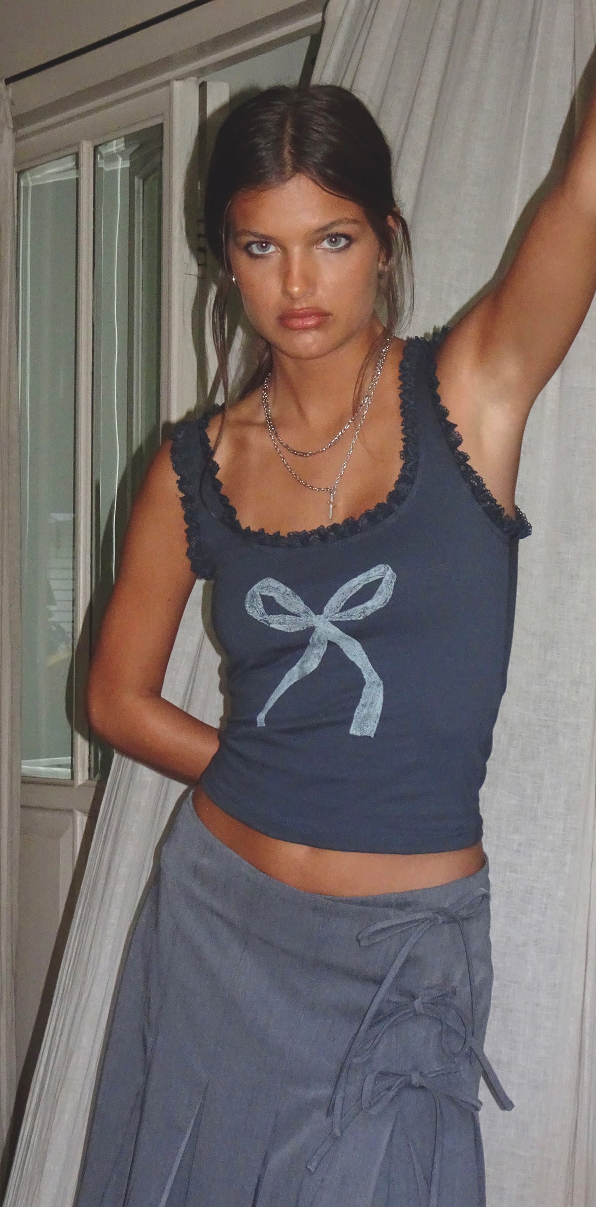 Ocean Storm Bow Print Lace Trim Vest Top | Carillo – motelrocks.com