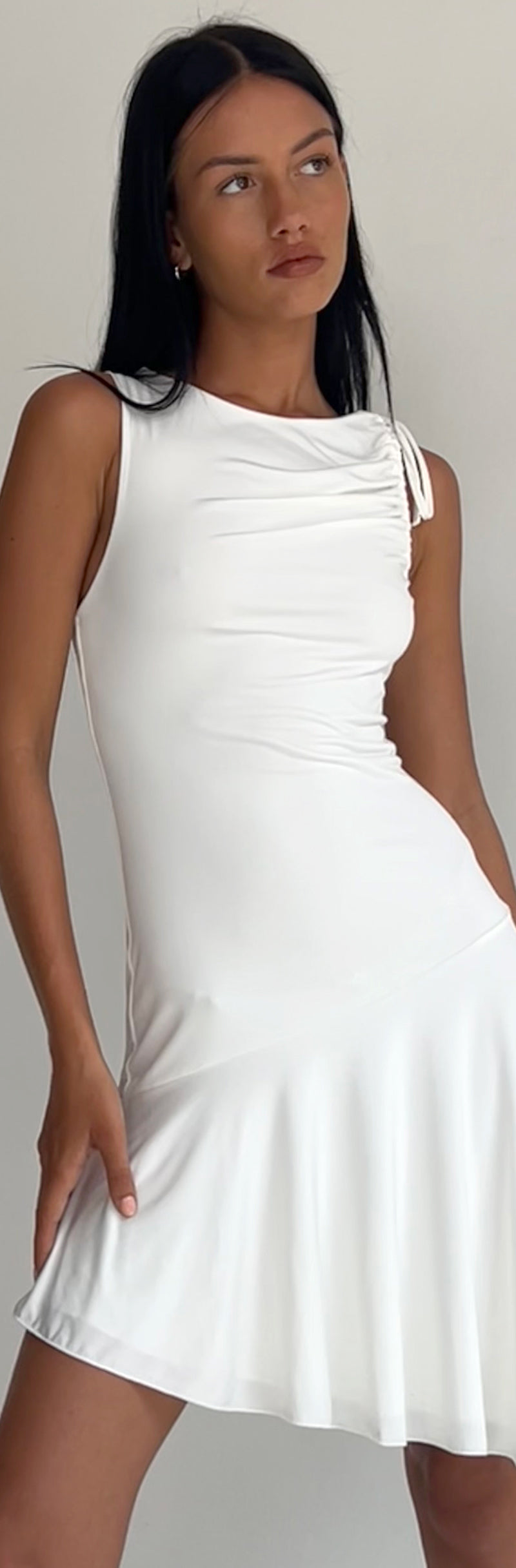 Slinky Ivory Waterfall Hem Mini Dress | Chaya – motelrocks.com