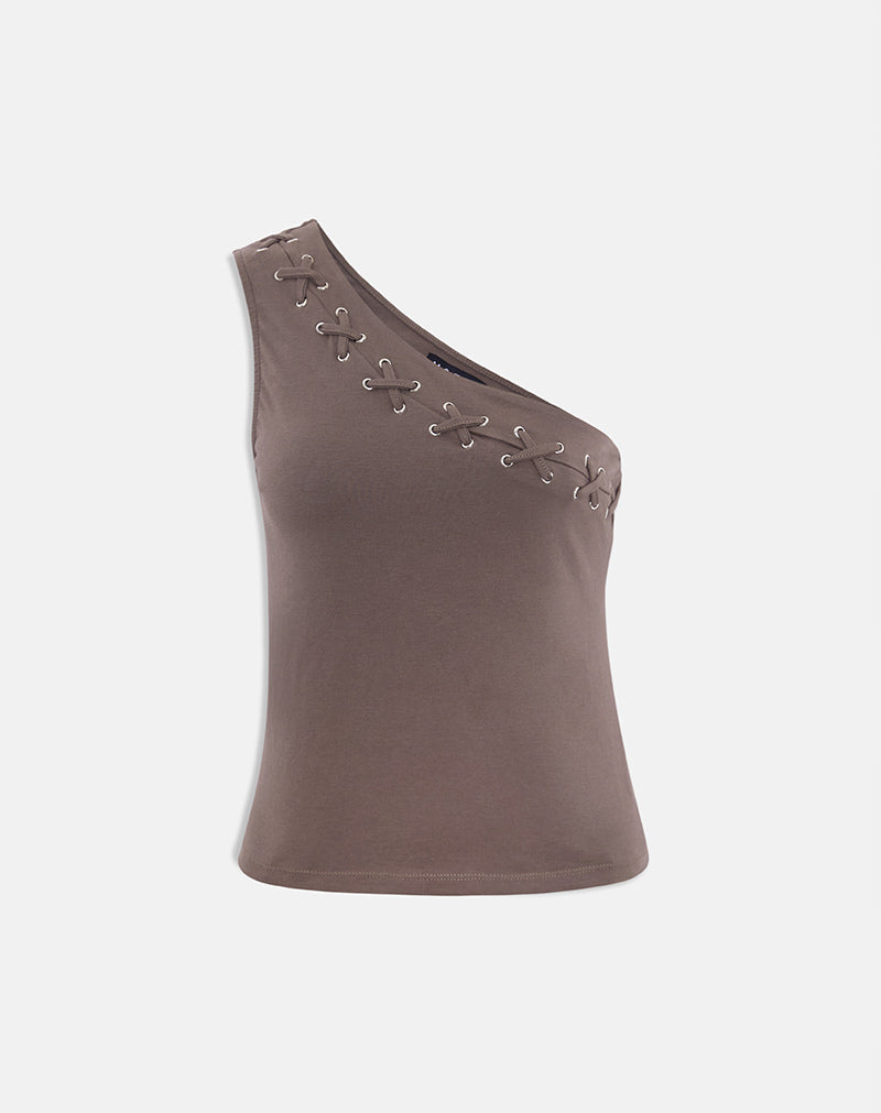 Brown Coffee Quartz Cross Lace Up One Shoulder Top | Chivago ...