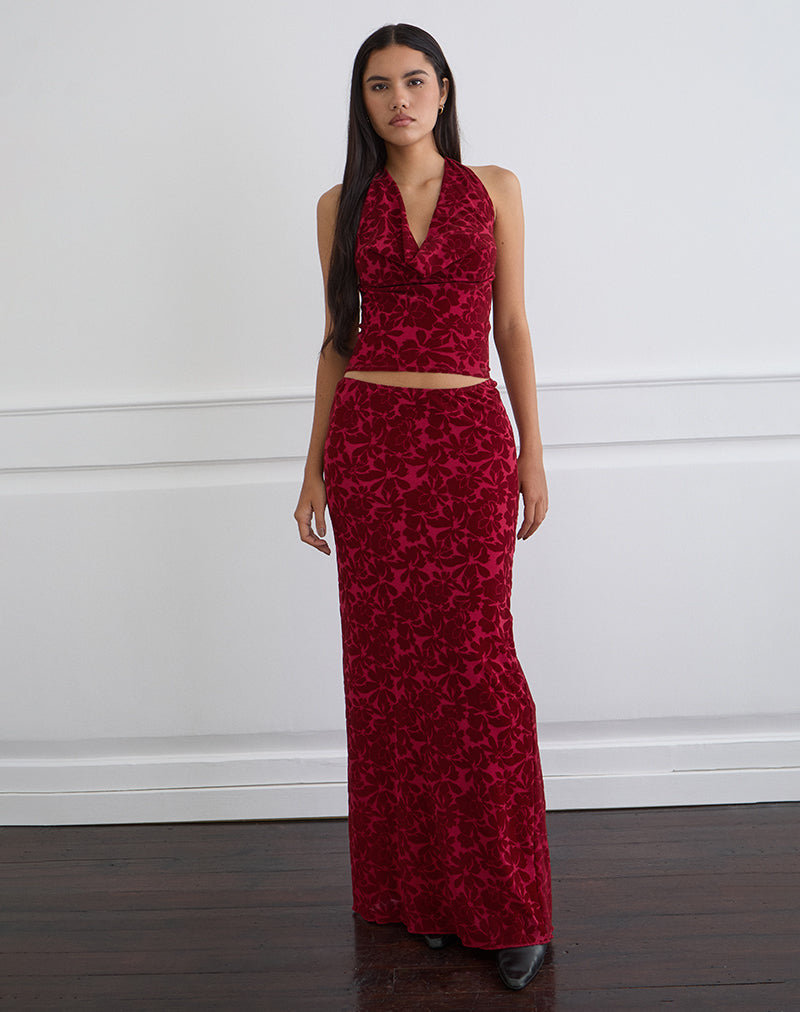 Red Flocked Mesh Flower Print Cowl Neck Top | Clandy – motelrocks.com