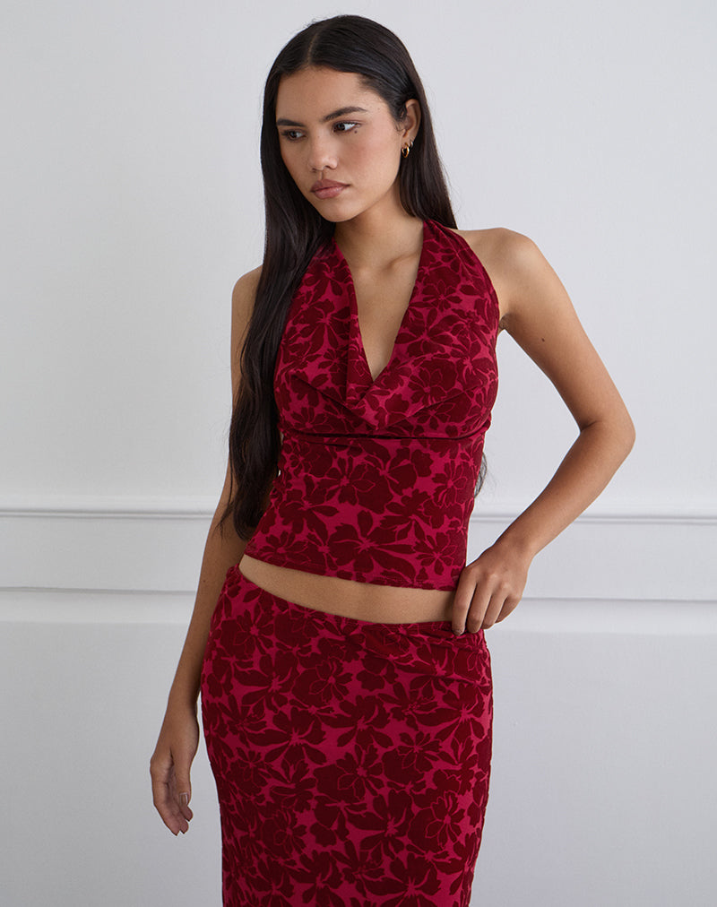 Red Flocked Mesh Flower Print Cowl Neck Top | Clandy – motelrocks.com