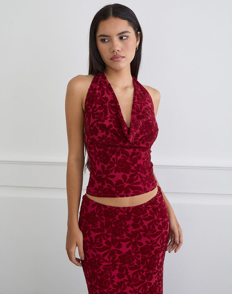 Red Flocked Mesh Flower Print Cowl Neck Top | Clandy – motelrocks.com