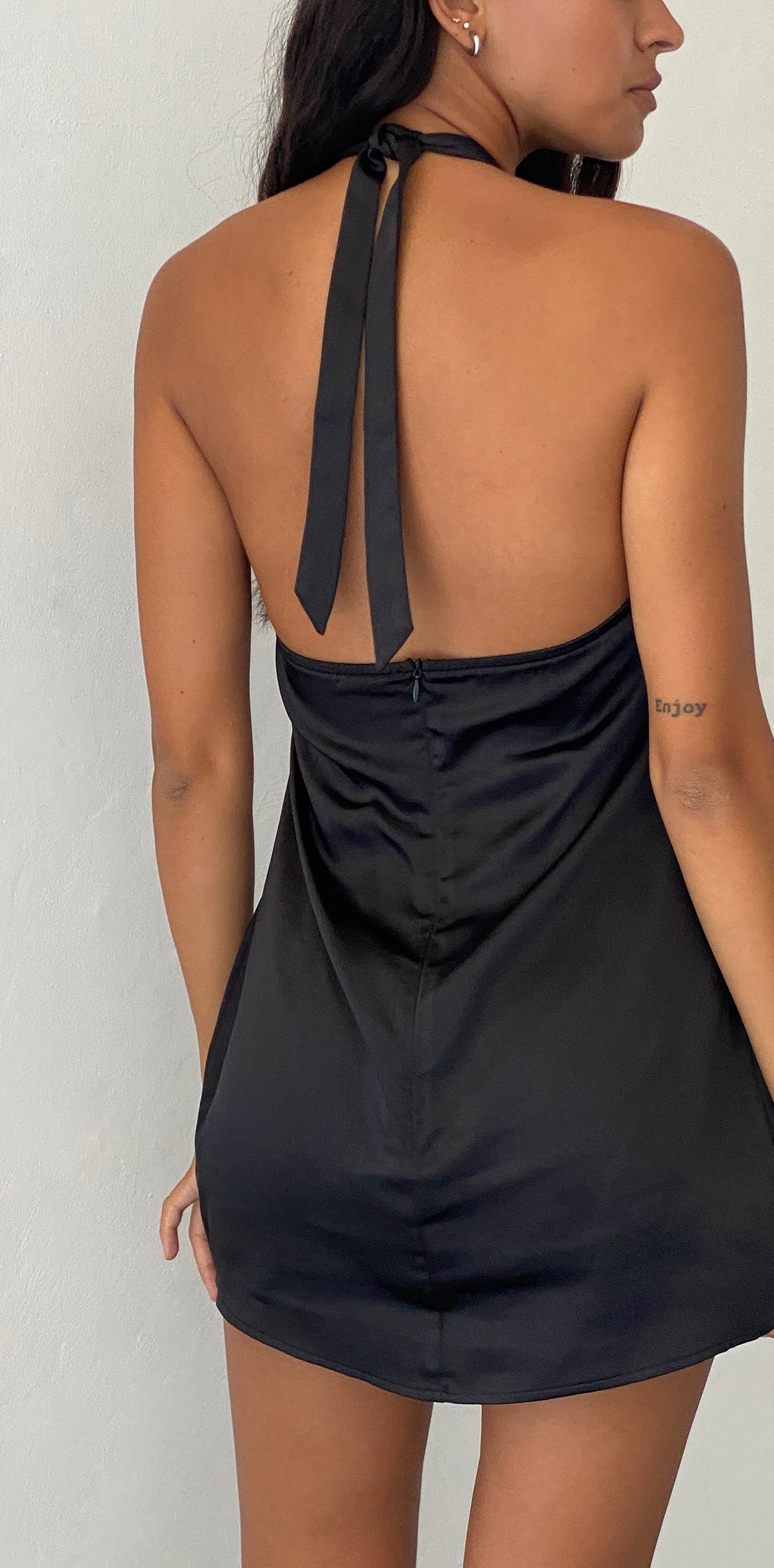 Plunge Halter Neck Satin Black Slip Dress | Coda – motelrocks.com