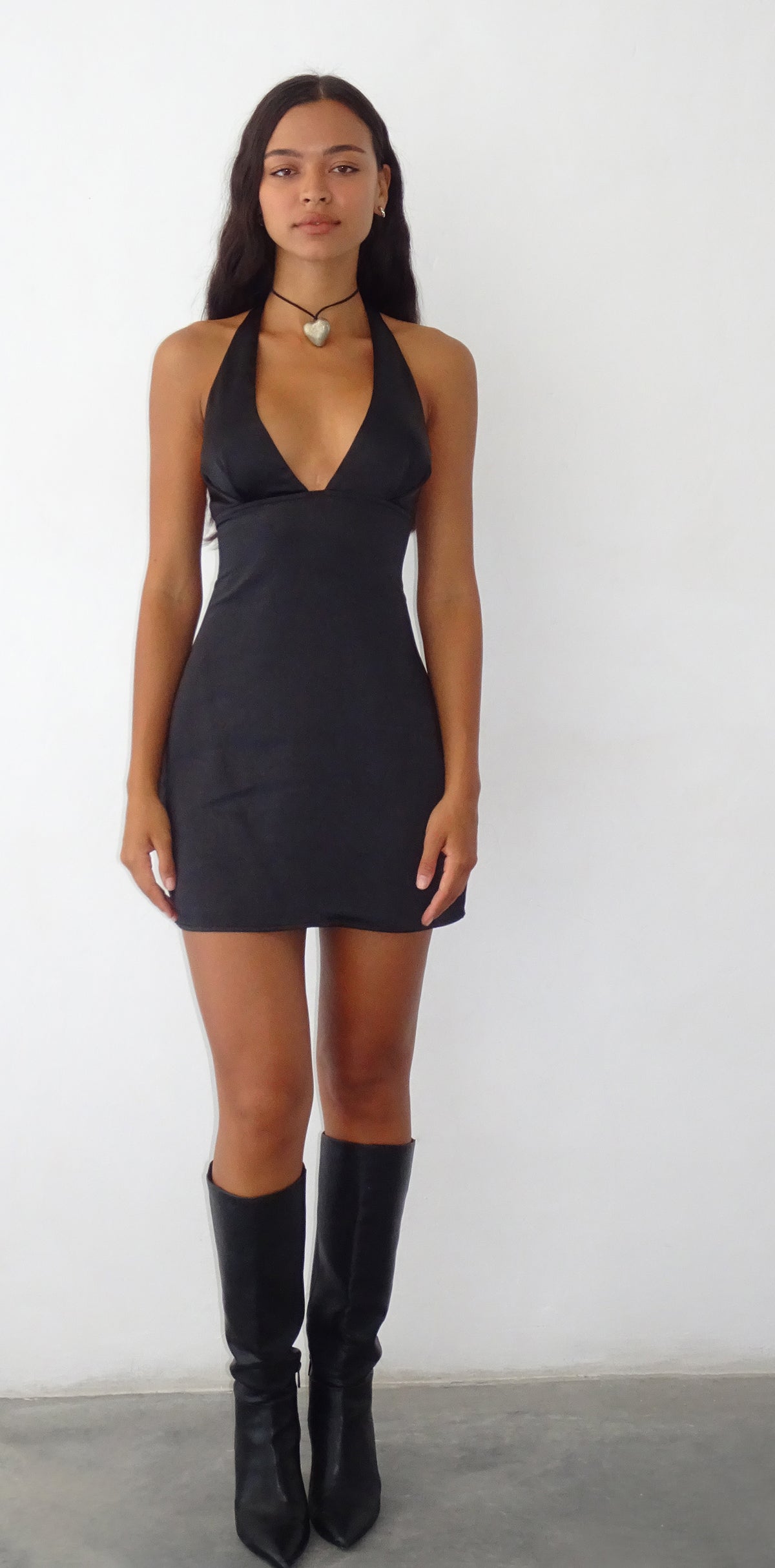 Plunge Halter Neck Satin Black Slip Dress | Coda – motelrocks.com