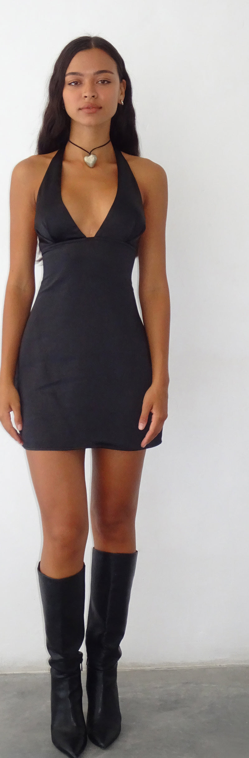 Plunge Halter Neck Satin Black Slip Dress | Coda – motelrocks.com