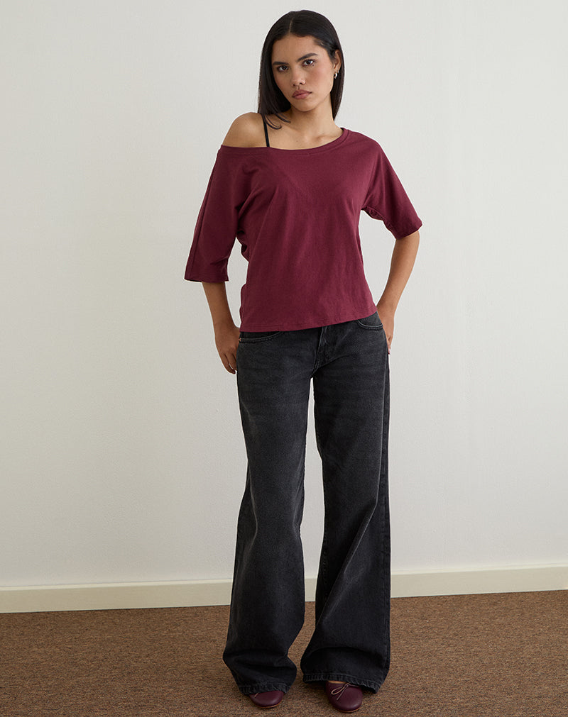 Maroon Jersey Off The Shoulder Short Sleeve Slouchy Tee | Daimin ...