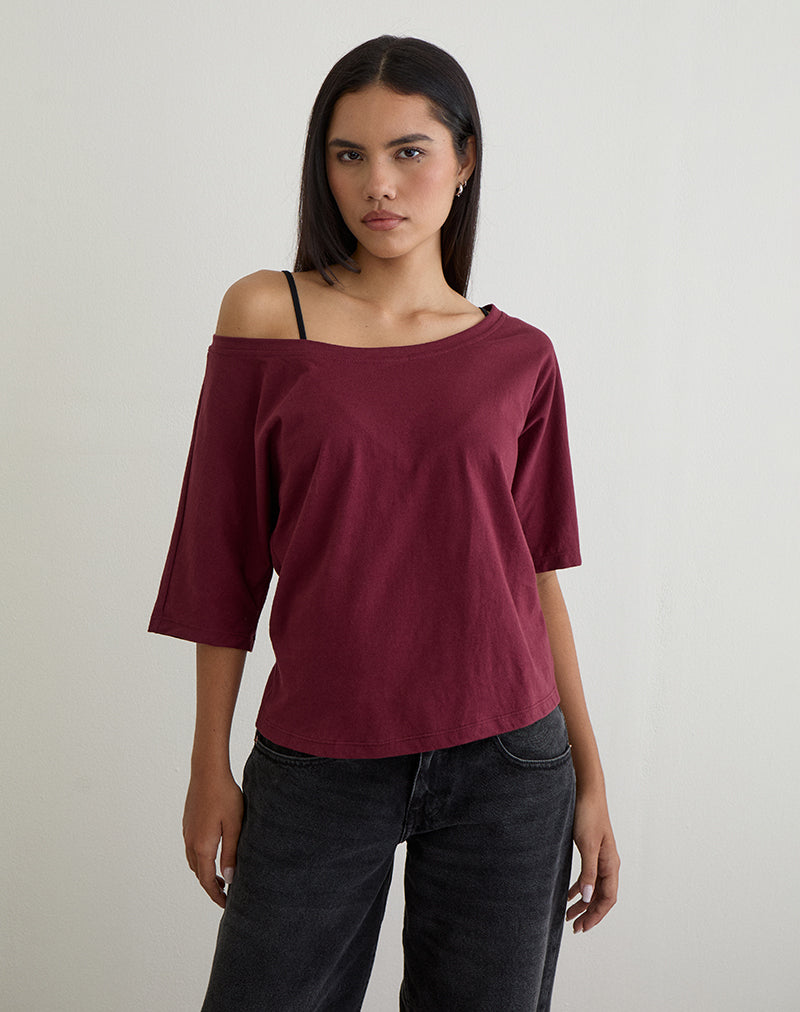 Maroon Jersey Off The Shoulder Short Sleeve Slouchy Tee | Daimin ...