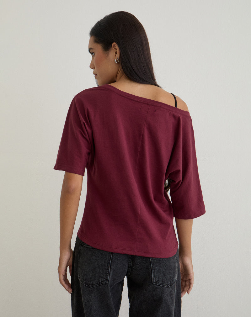 Maroon Jersey Off The Shoulder Short Sleeve Slouchy Tee | Daimin ...