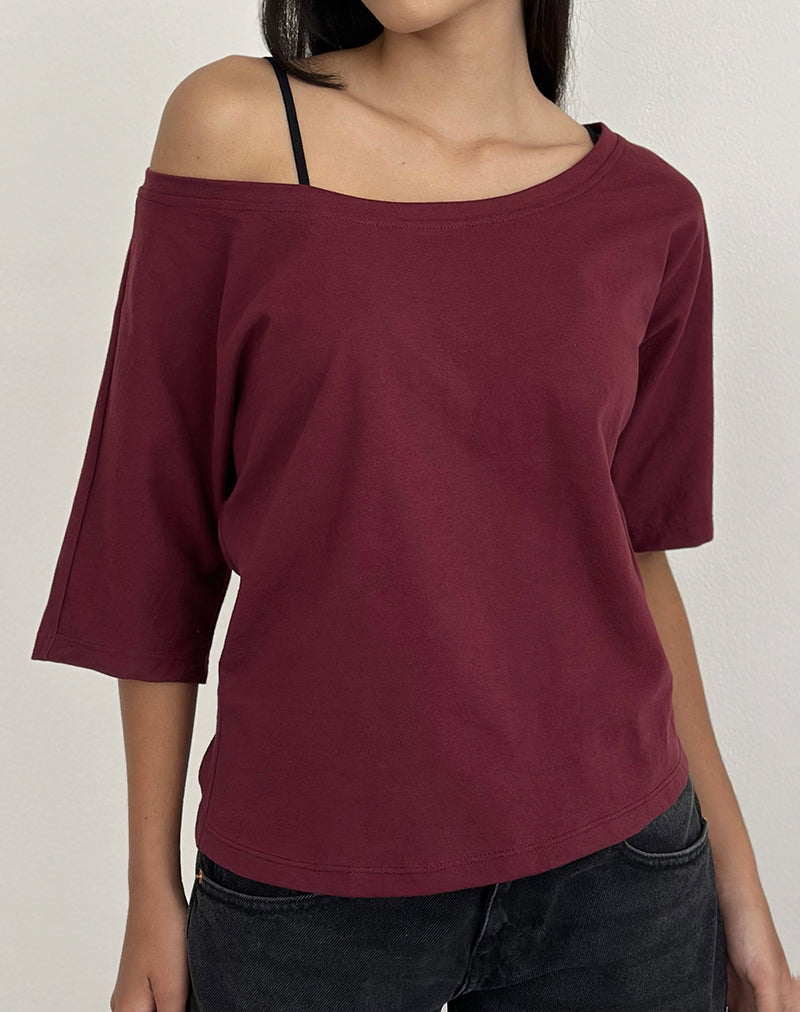 Maroon Jersey Off The Shoulder Short Sleeve Slouchy Tee | Daimin ...