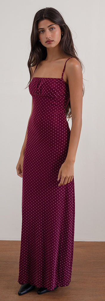 Berry Red Polka Flock Cami Maxi Dress | Darsih – motelrocks.com