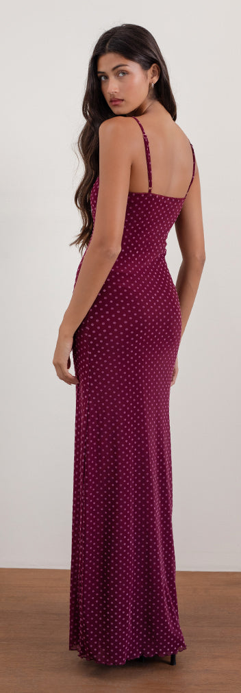 Berry Red Polka Flock Cami Maxi Dress | Darsih – motelrocks.com