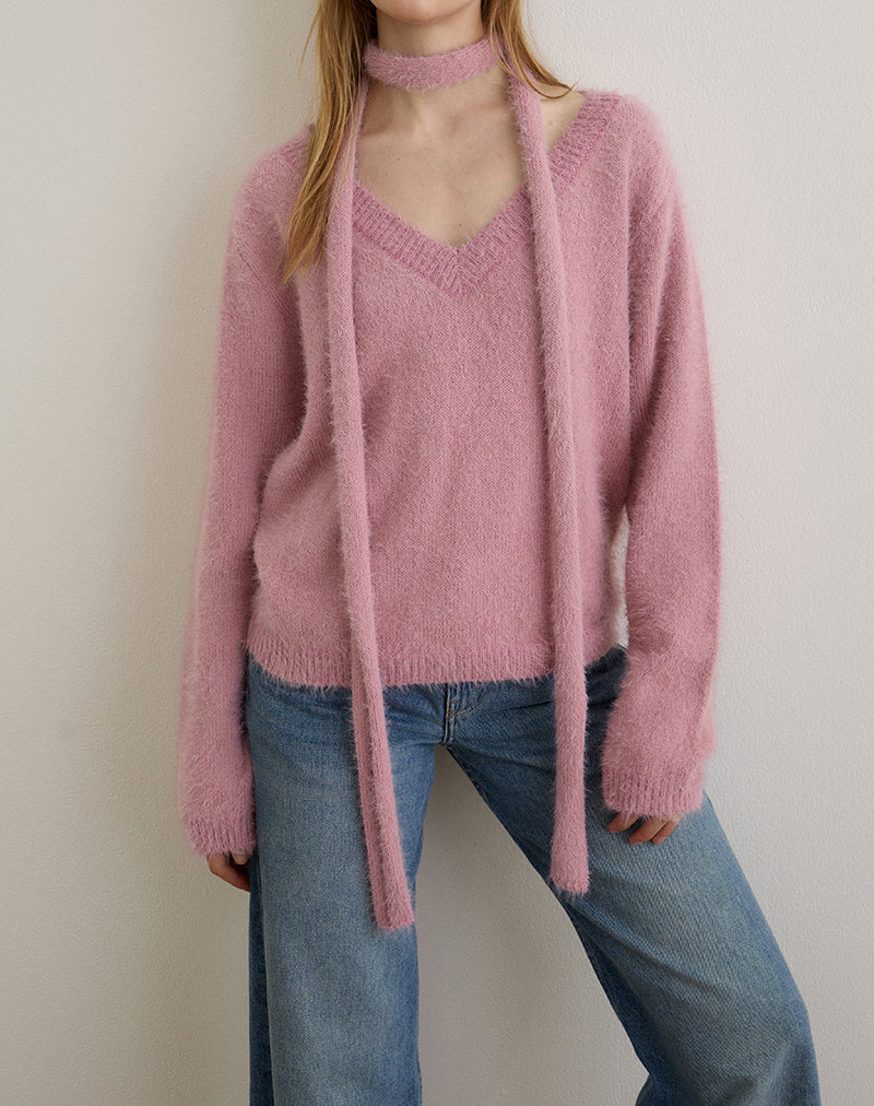Dusty Pink Fluffy Knit Jumper With Scarf | Dikara – motelrocks.com
