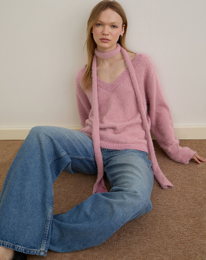 Dusty Pink Fluffy Knit Jumper With Scarf | Dikara – motelrocks.com