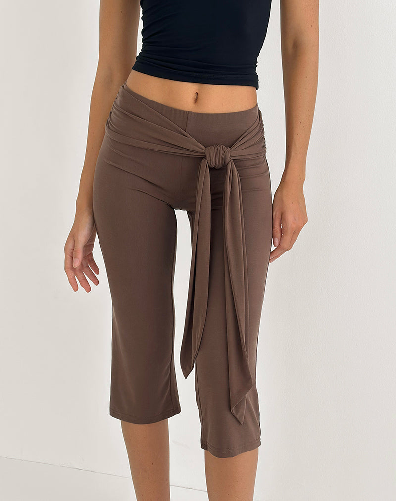 Bitter Chocolate Brown Cupro Tie Side Capri Trousers | Effy ...