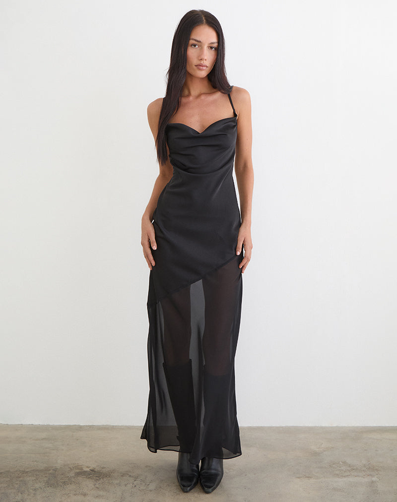 Black Satin Chiffon Cowl Open Back Slip Maxi Dress | Eshara ...
