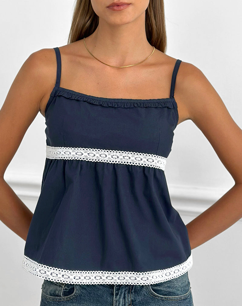 Dark Navy Square Neck Cami Top with Lace Trim | Evren – motelrocks.com