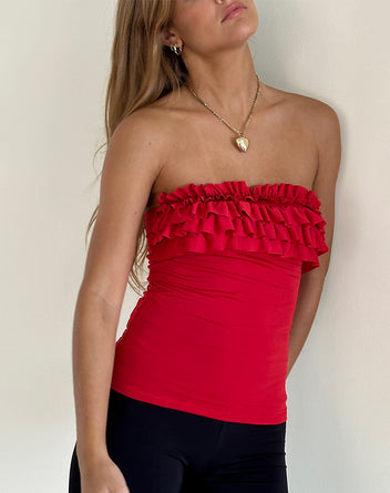 Red Slinky Ruffle Bandeau Top | Fortuna – motelrocks.com