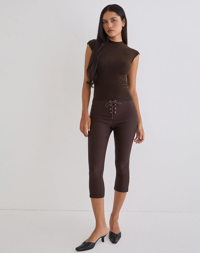 Dark Brown Tailored Lace Up Front Capri Trouser | Aelva – motelrocks.com