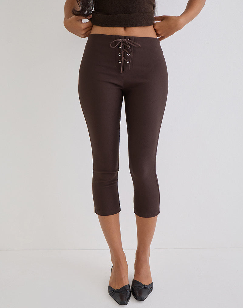 Dark Brown Tailored Lace Up Front Capri Trouser | Aelva – motelrocks.com