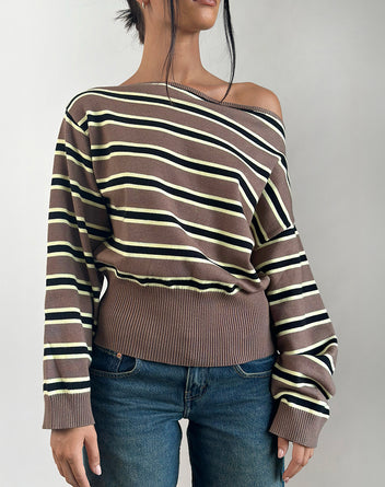 Brown and Yellow Stripe Asymmetric Jumper | Jalira – motelrocks.com