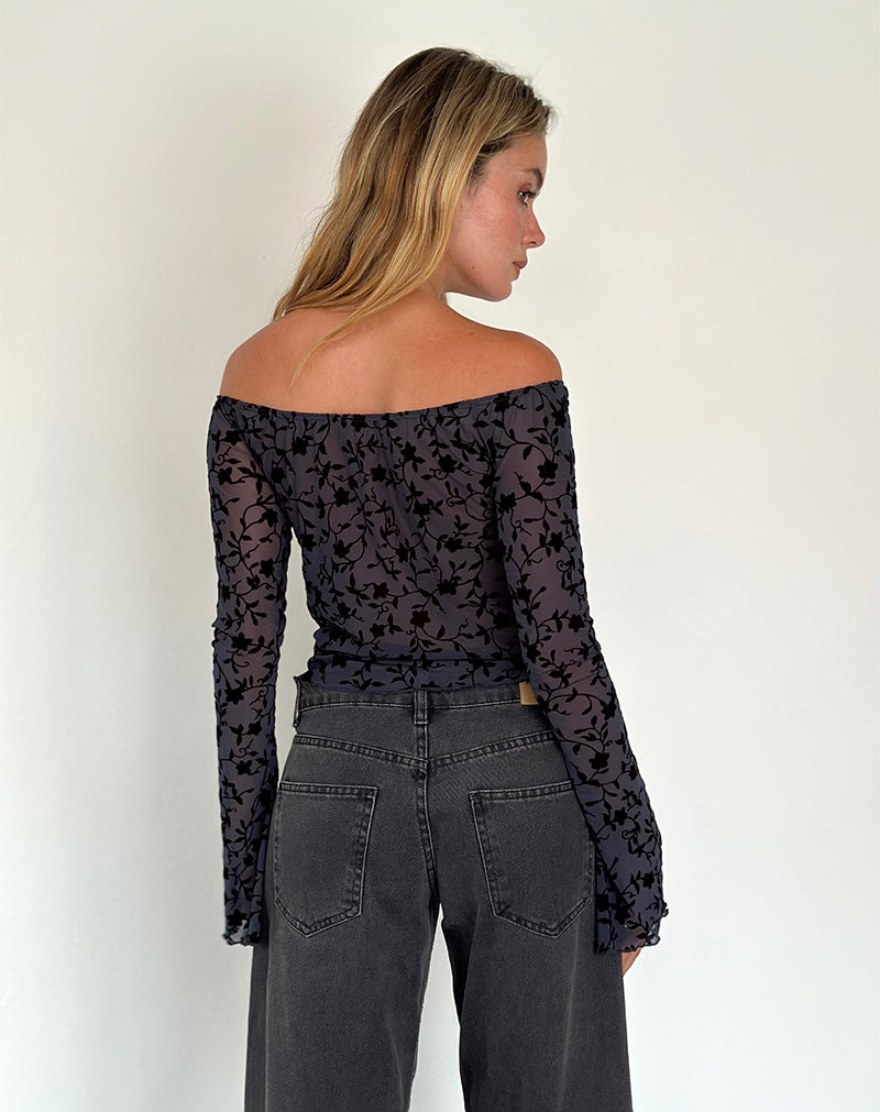Navy Pretty Petal Flock Long Sleeve Bardot Top | Kareena – motelrocks.com