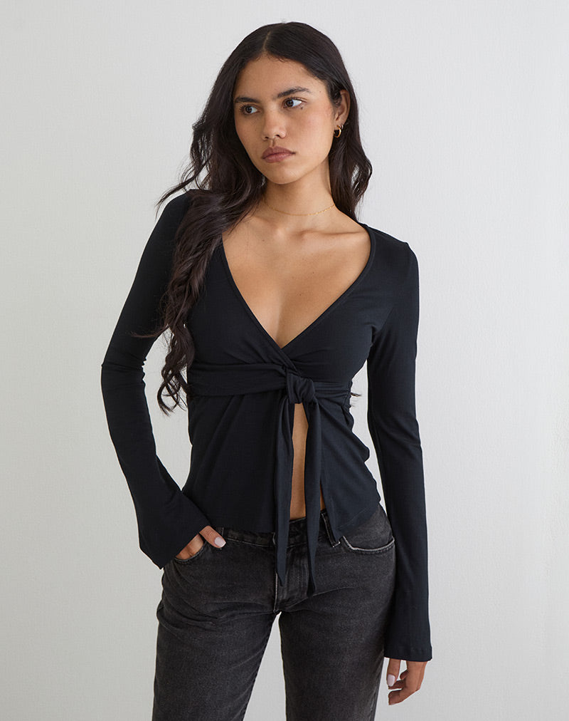 Black Wrap Plunge Long Sleeve Top | Lamae – motelrocks.com
