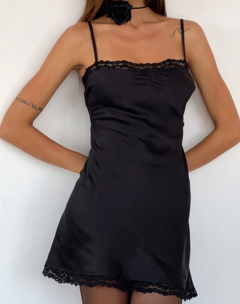 Black Lace Trim Satin Mini Dress | Larna – motelrocks.com