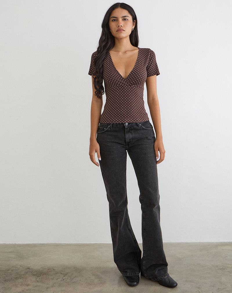 Brown Micro Polka Dot V Neck Crossover Top | Lobos – motelrocks.com