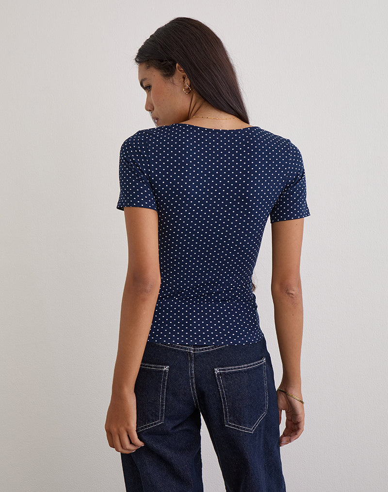 Navy Blue Micro Polka Dot V Neck Crossover Top | Lobos – motelrocks.com