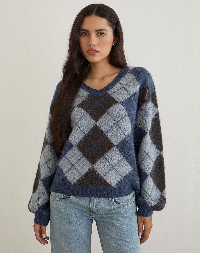 Navy Argyle Check Knit Jumper | Louna – motelrocks.com