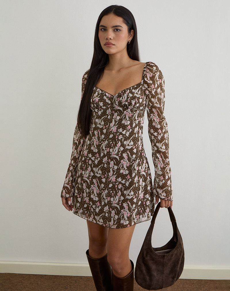 Brown and Pink Polka Flower Chiffon Print Mini Dress | Mariko ...