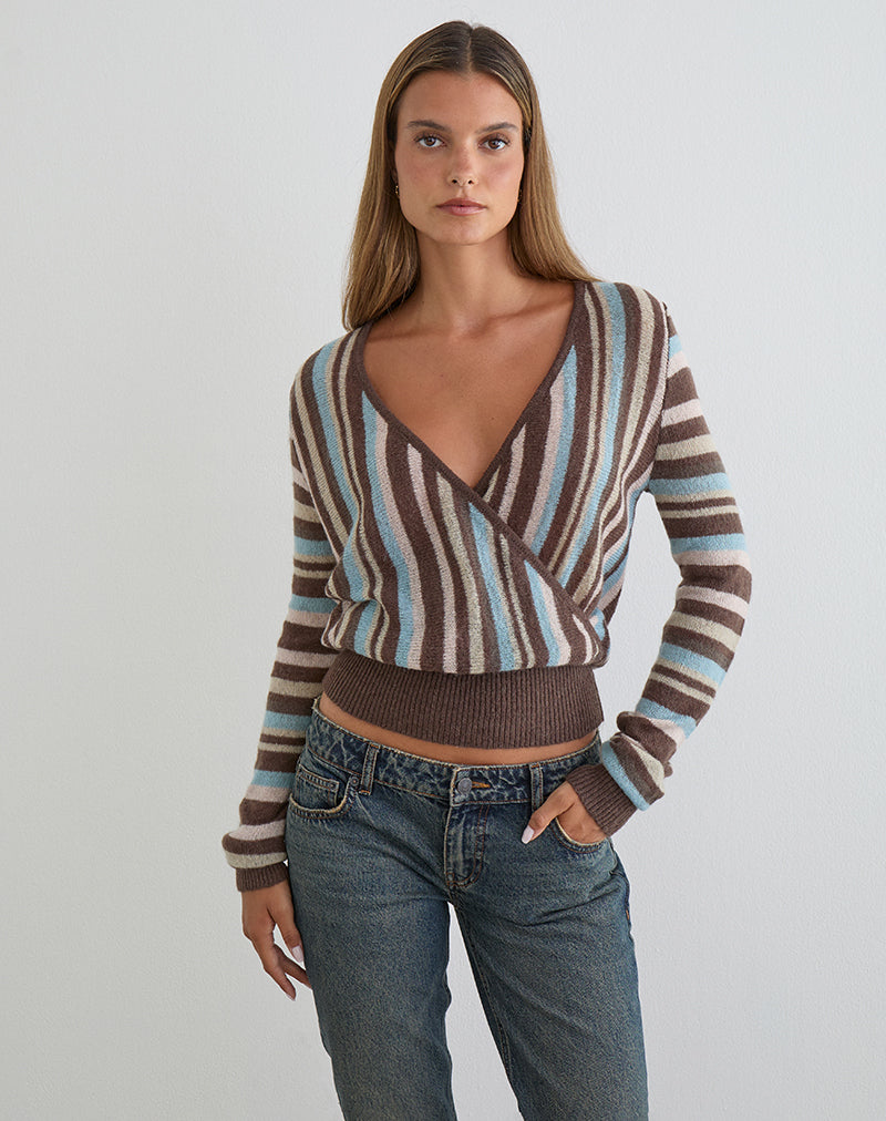 Brown Thick Stripe Knit Wrap Top | Nilza – motelrocks.com
