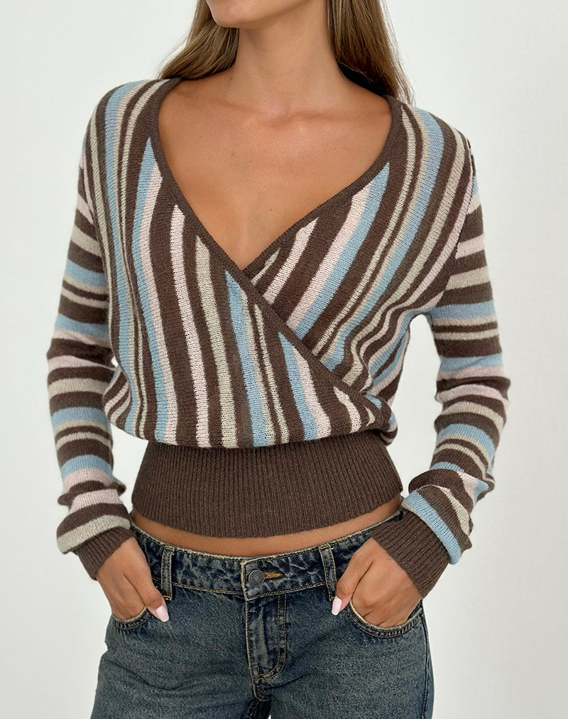 Brown Thick Stripe Knit Wrap Top | Nilza – motelrocks.com