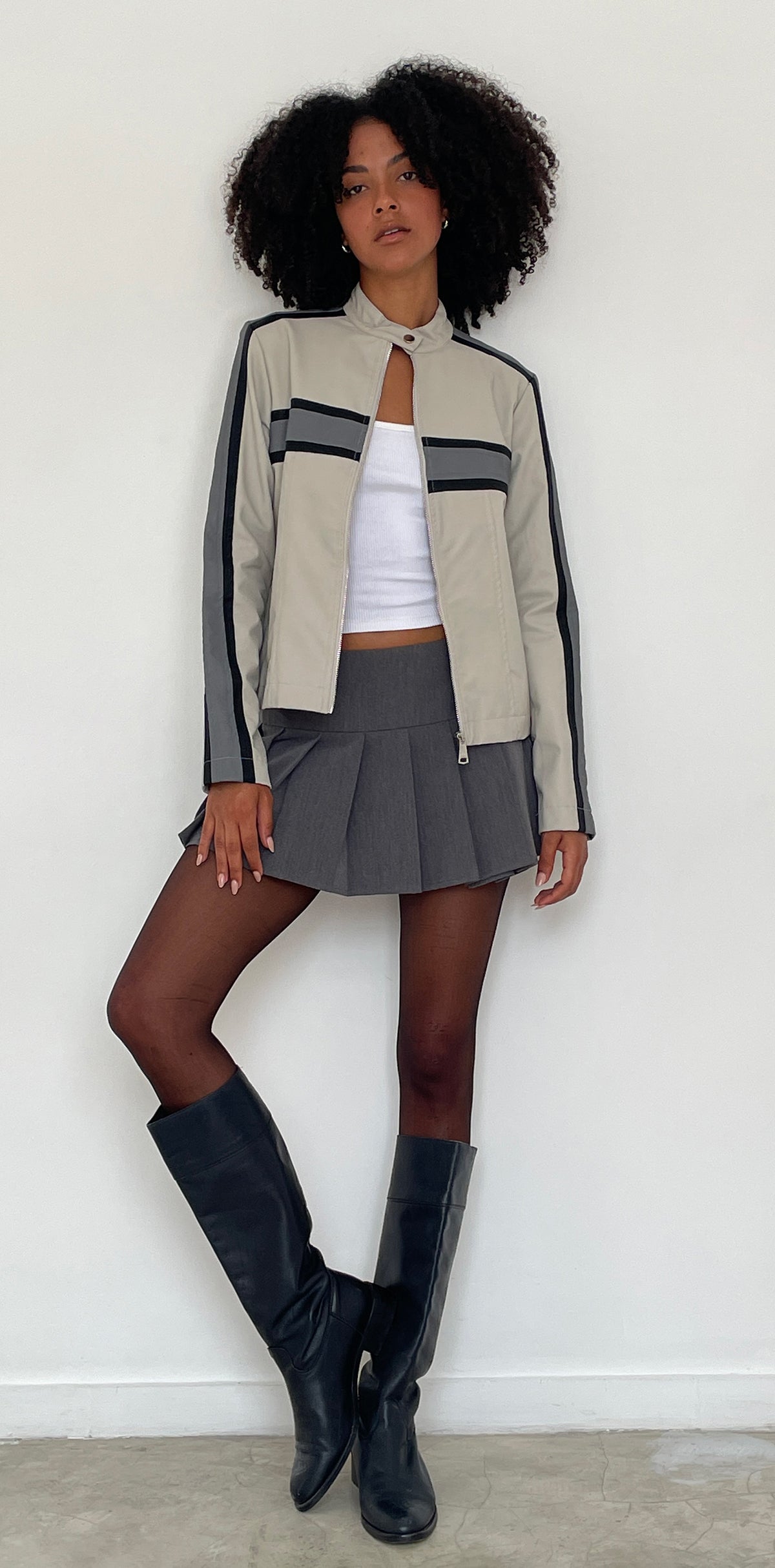 Grey PU with Dark Grey Stripe Zip Up Jacket | Oliver – motelrocks.com