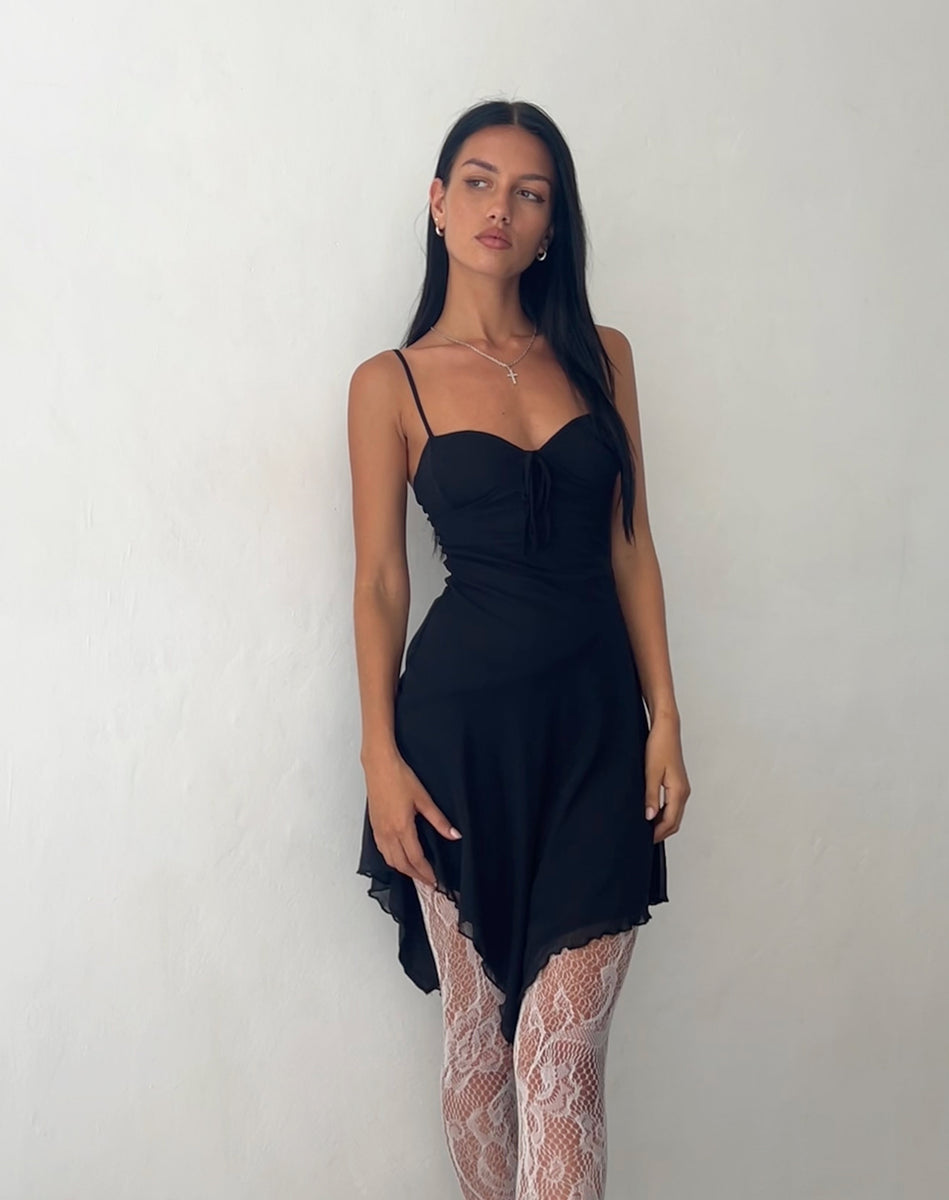 Black Mesh Tie Front Mini Dress | Romily – motelrocks.com