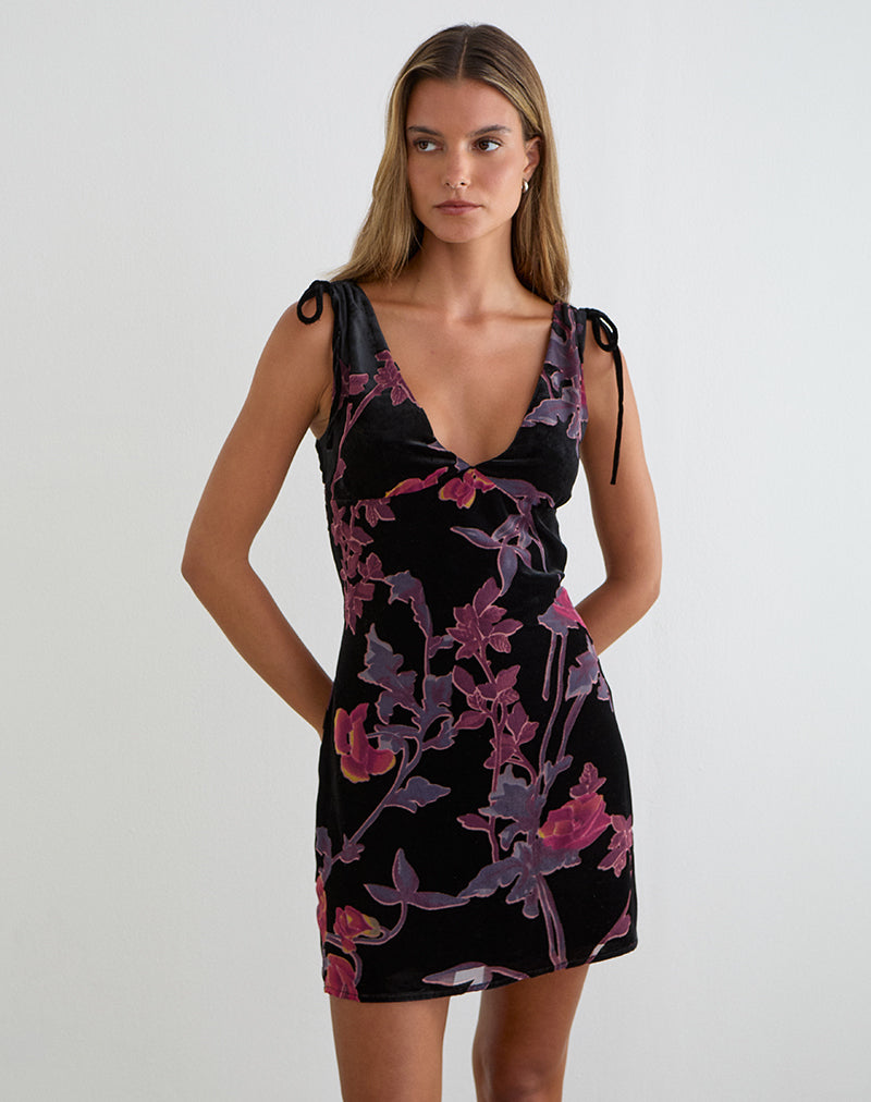 Black with Floral Devore Print Mini Dress | Rosmila – motelrocks.com