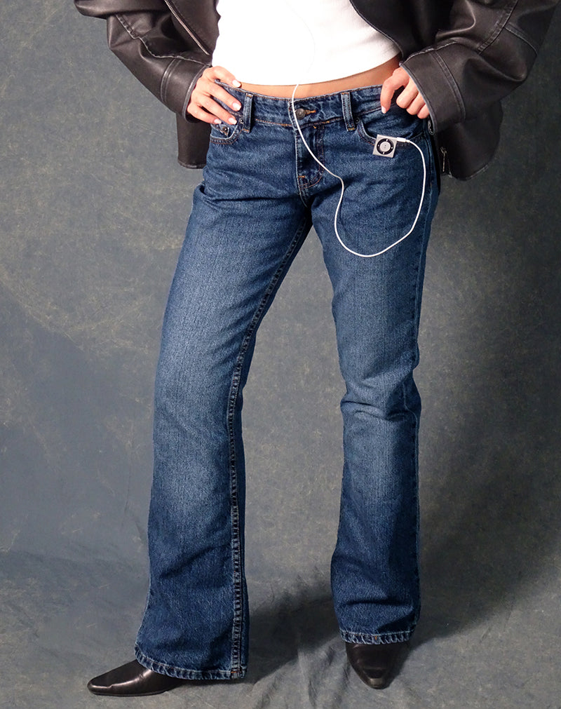 Mid Blue Used Low Rise Flare Jeans | Rigid – motelrocks.com