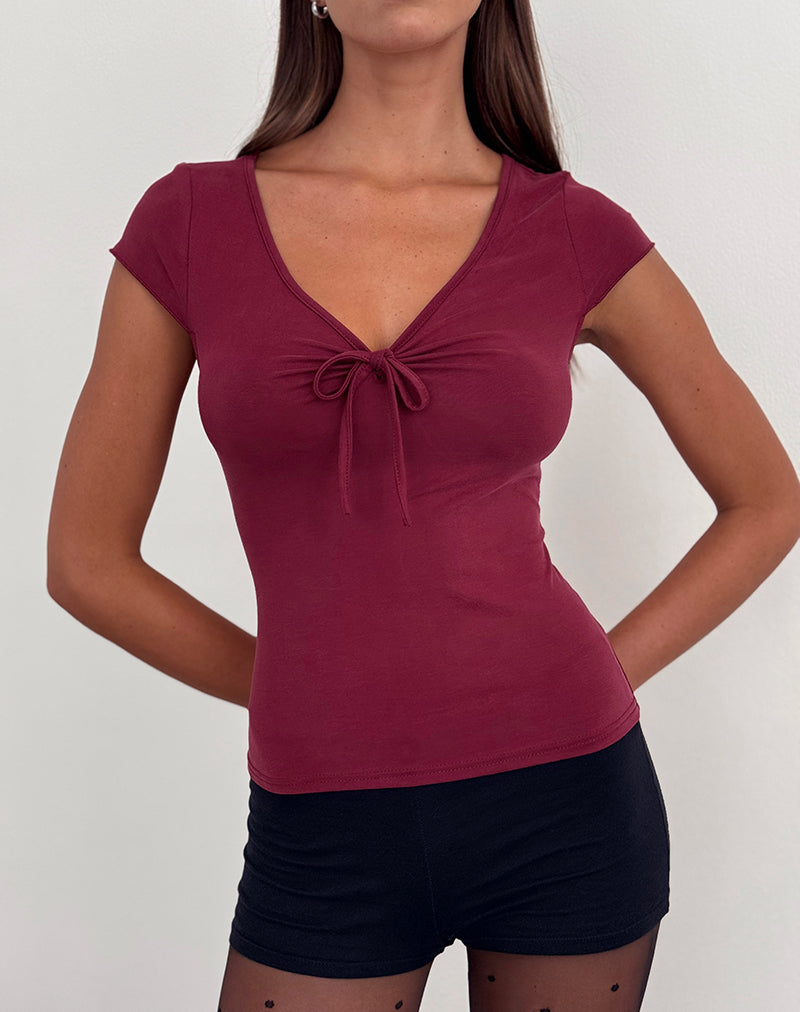 Dark Red Cap Sleeve Bow Top | Saiba – motelrocks.com