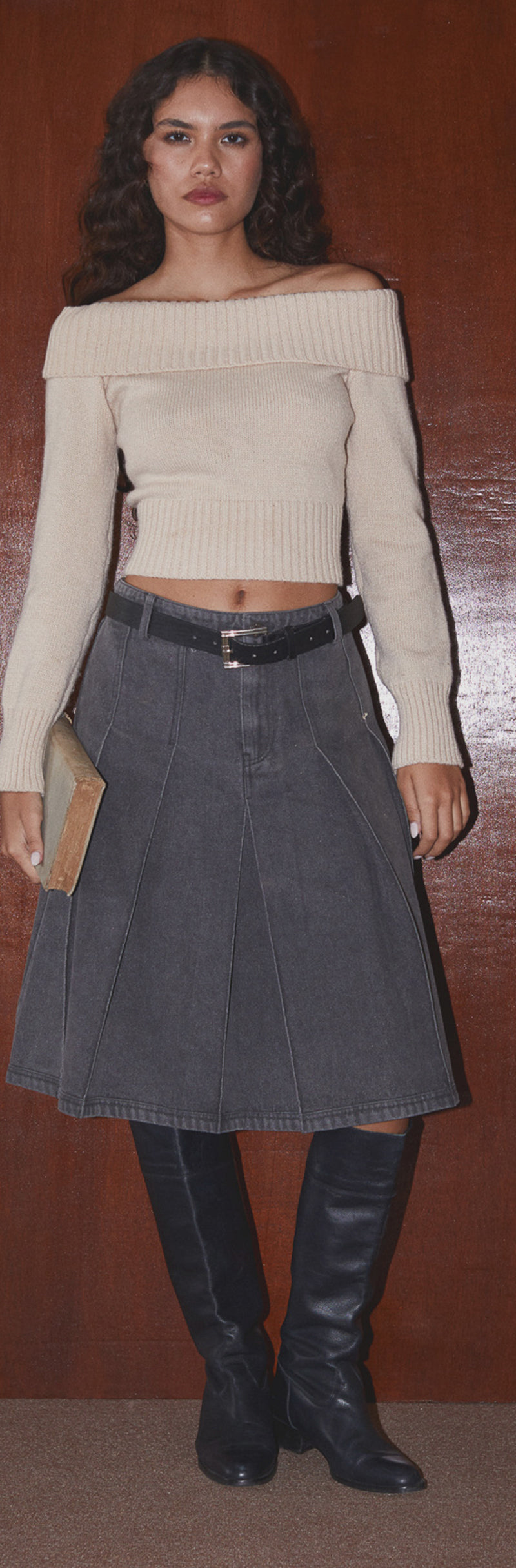 Grey Wash Pleated Denim Midi Skirt | Sanjani – motelrocks.com