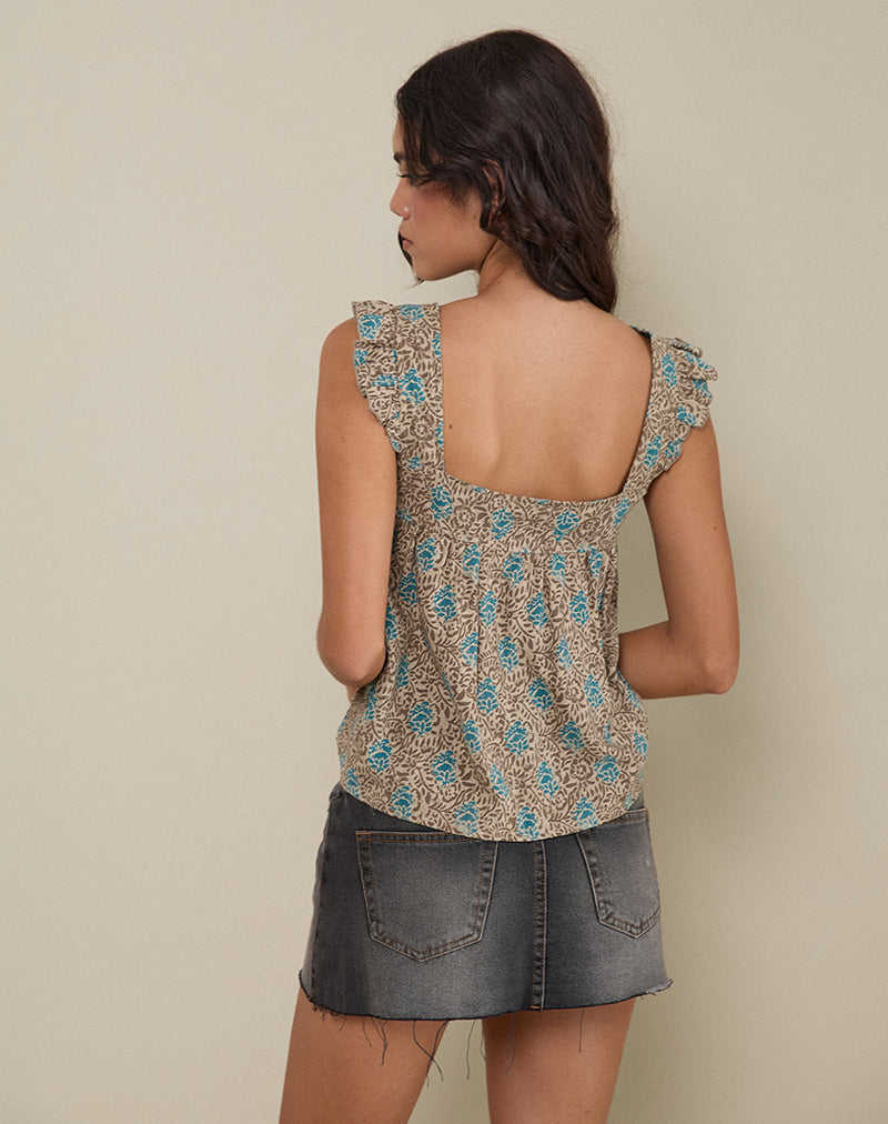Blue and Brown Floral Bohemian Batik Top | Sanula – motelrocks.com
