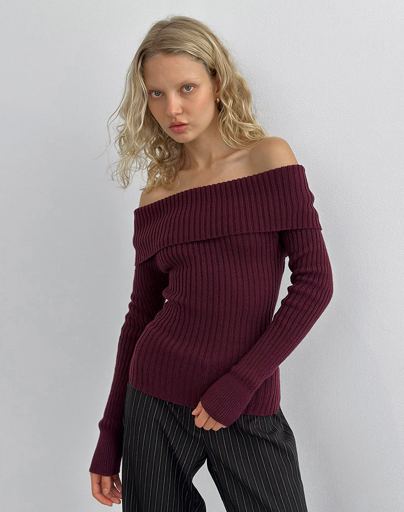 Dark Cherry Bow Back Bardot Top | Saskia – motelrocks.com