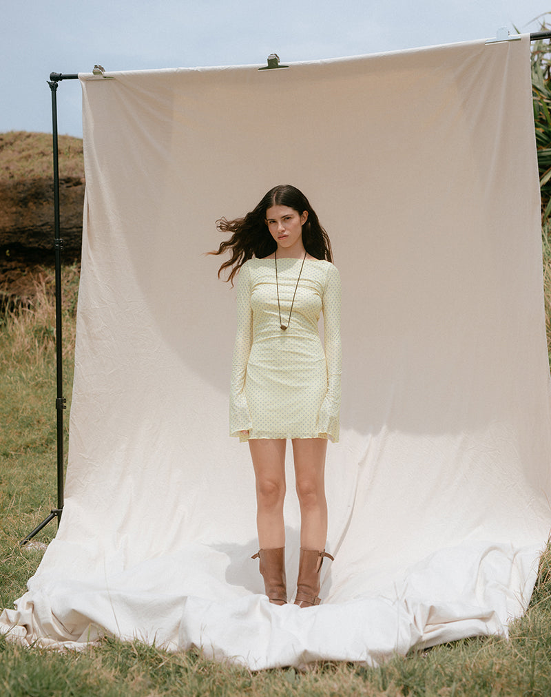 Yellow with Compact Grey Polka Long Sleeve Mini Dress | Sevila ...