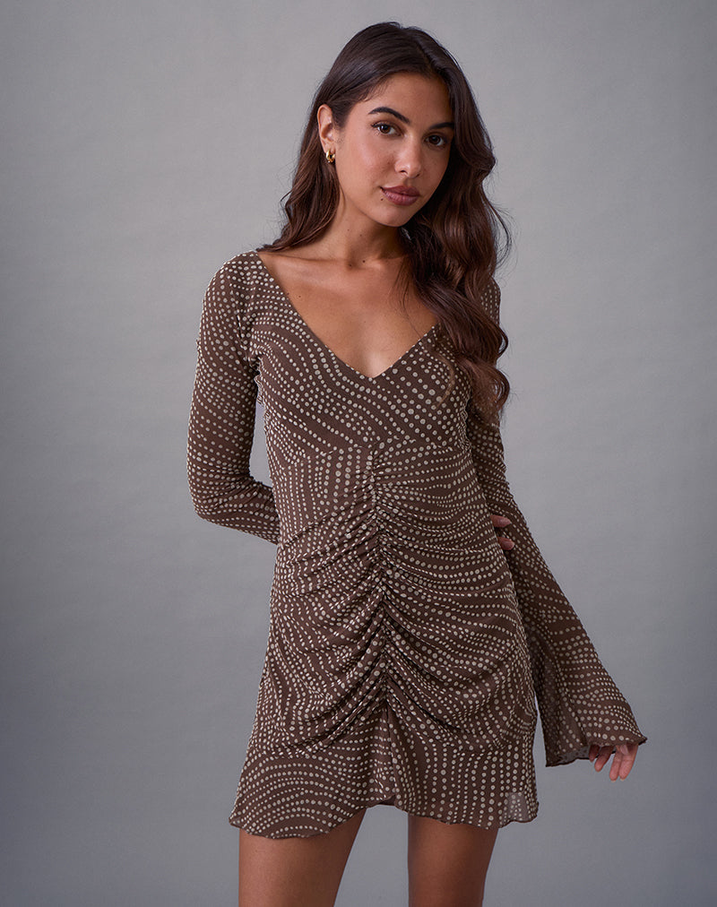 Brown Abstract Polka Flock Mesh Long Sleeve Mini Dress | Sumiko ...