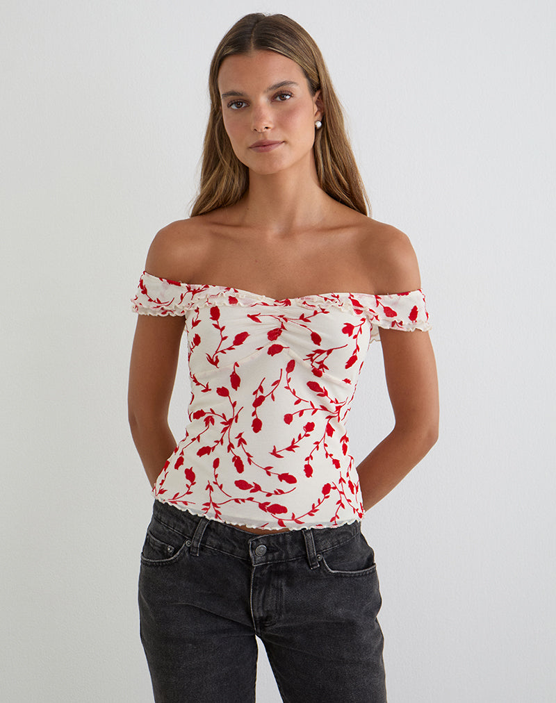 Cream with Red Leafy Lily Flock Bardot Twist Top | Switi – motelrocks.com
