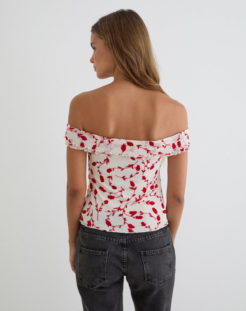 Cream with Red Leafy Lily Flock Bardot Twist Top | Switi – motelrocks.com
